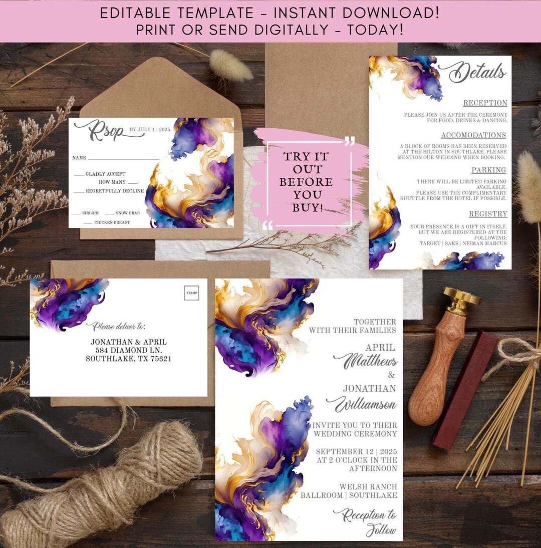 Watercolor Geode Wedding Invitation Suite (instant Download) - Etsy