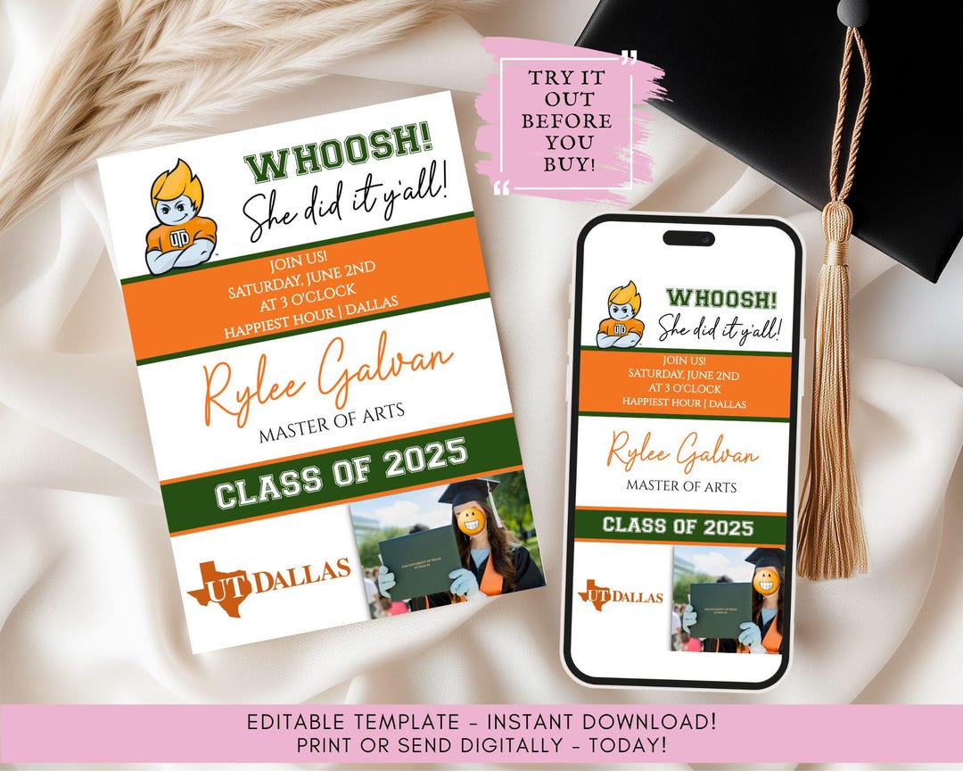 UT Dallas Graduation Party Invitation: Photo Announcement (digital ...
