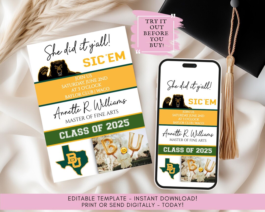 Baylor University Graduation Party Invitation Grad Invite Custom ...