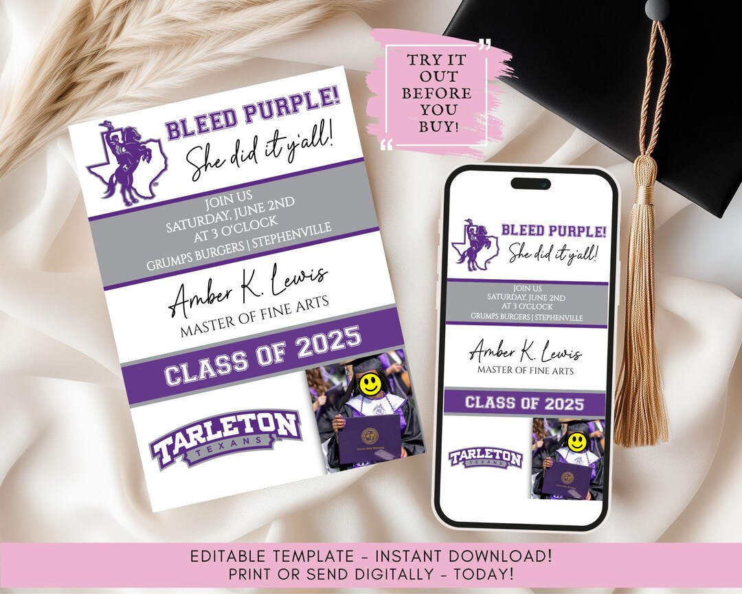 Tarleton State University Grad Party Invitation Graduation Invite ...