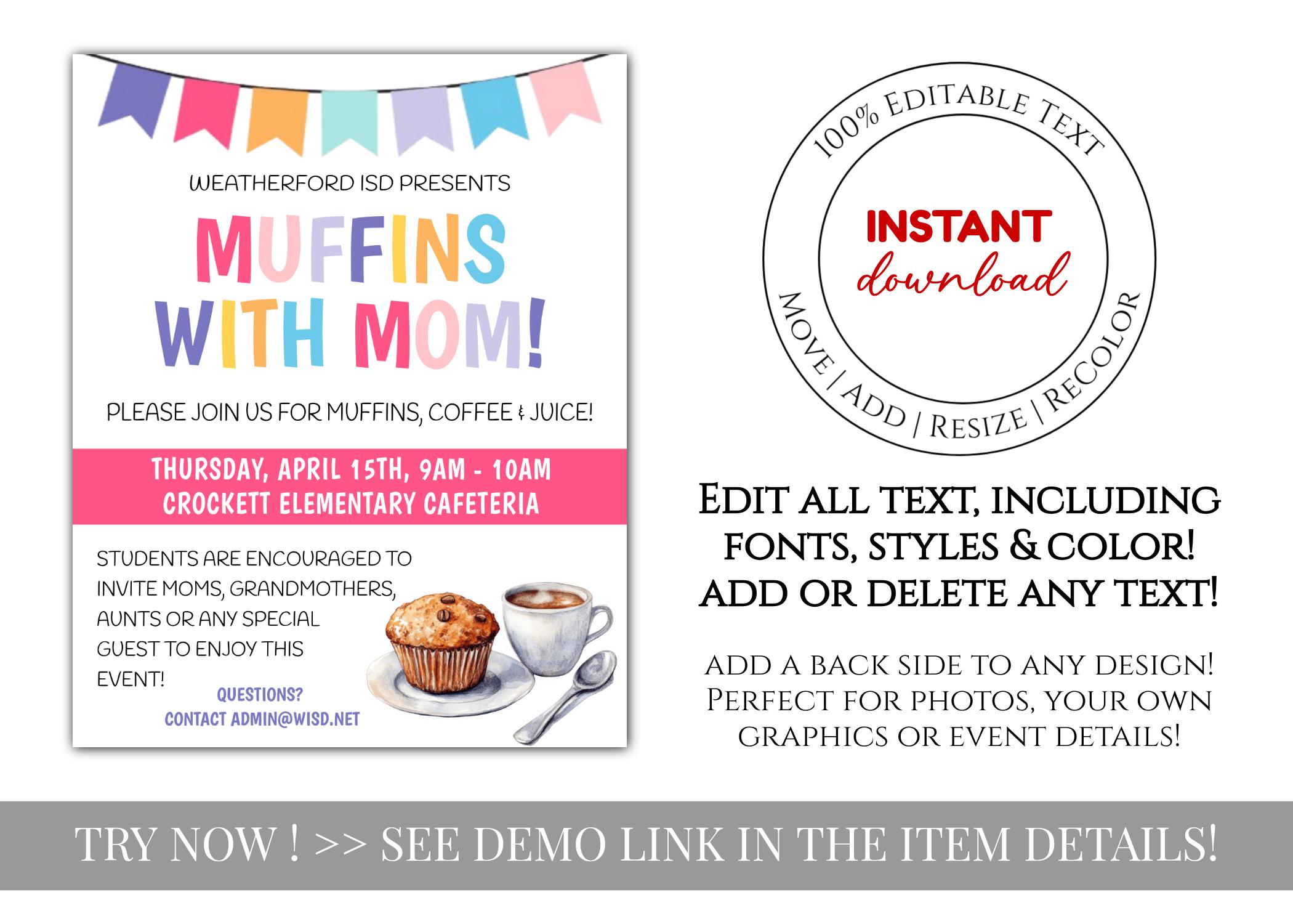 Muffins With Mom Invitation Editable School Event Flyer Mothers Day ...