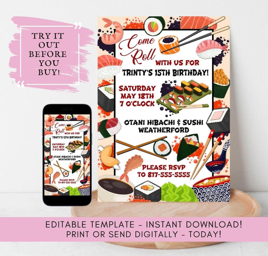 Sushi Birthday Invitation - Editable Template | Sushi Roll Birthday ...