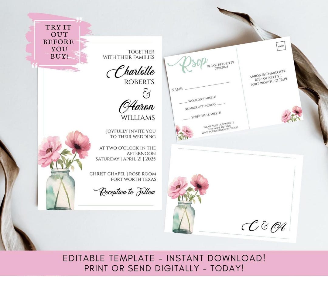 Wedding Invitation RSVP Set Template Custom Invite Floral Mason Jar ...
