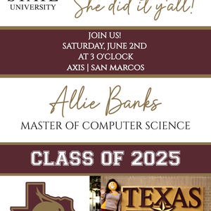 Texas State Grad Invitation With Photo - Editable Template | Custom ...