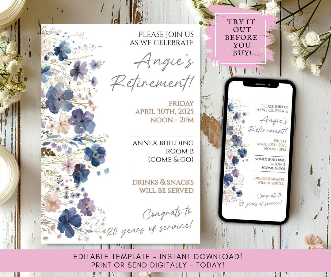Floral Retirement Party Invitation Template: Editable Digital Download ...