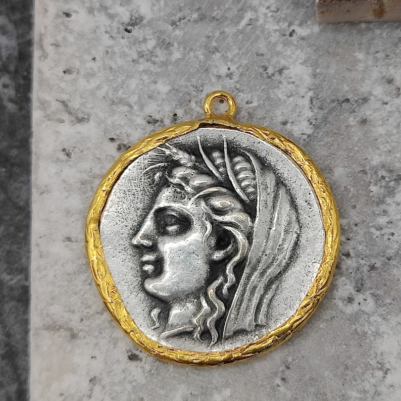 Goddess Artemis Ancient Greek Coin Charm, 18k Gold Bezel Pendant - Etsy