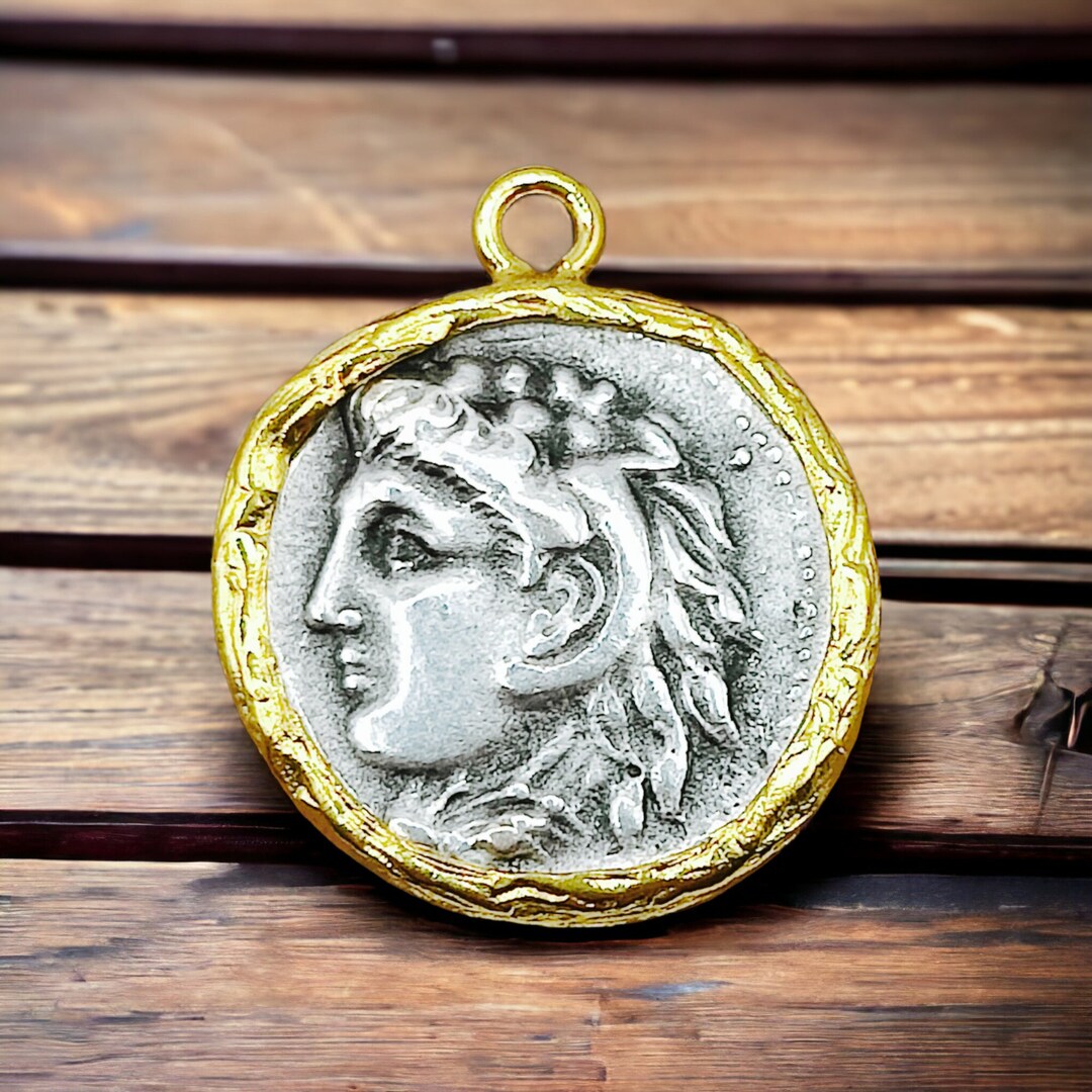 Greek Coin Pendant Gold Frame Bezel, Goddess Artemis Coin, Medallion ...