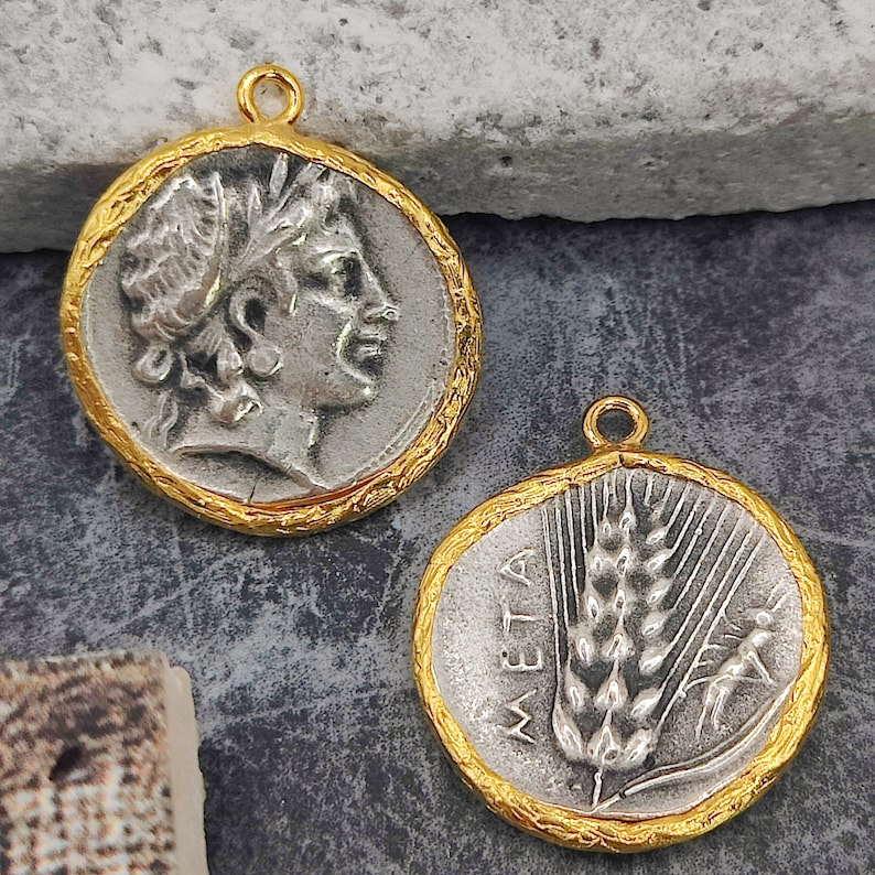Artemis Ancient Greek Coin Pendant, 18k Gold & Silver Medallion Charm ...
