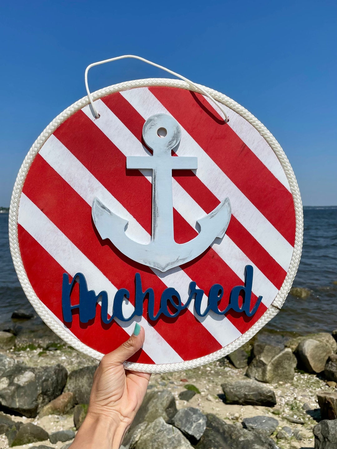 Anchored Striped Red White Blue Patriotic Nautical Hand Painted Large ...