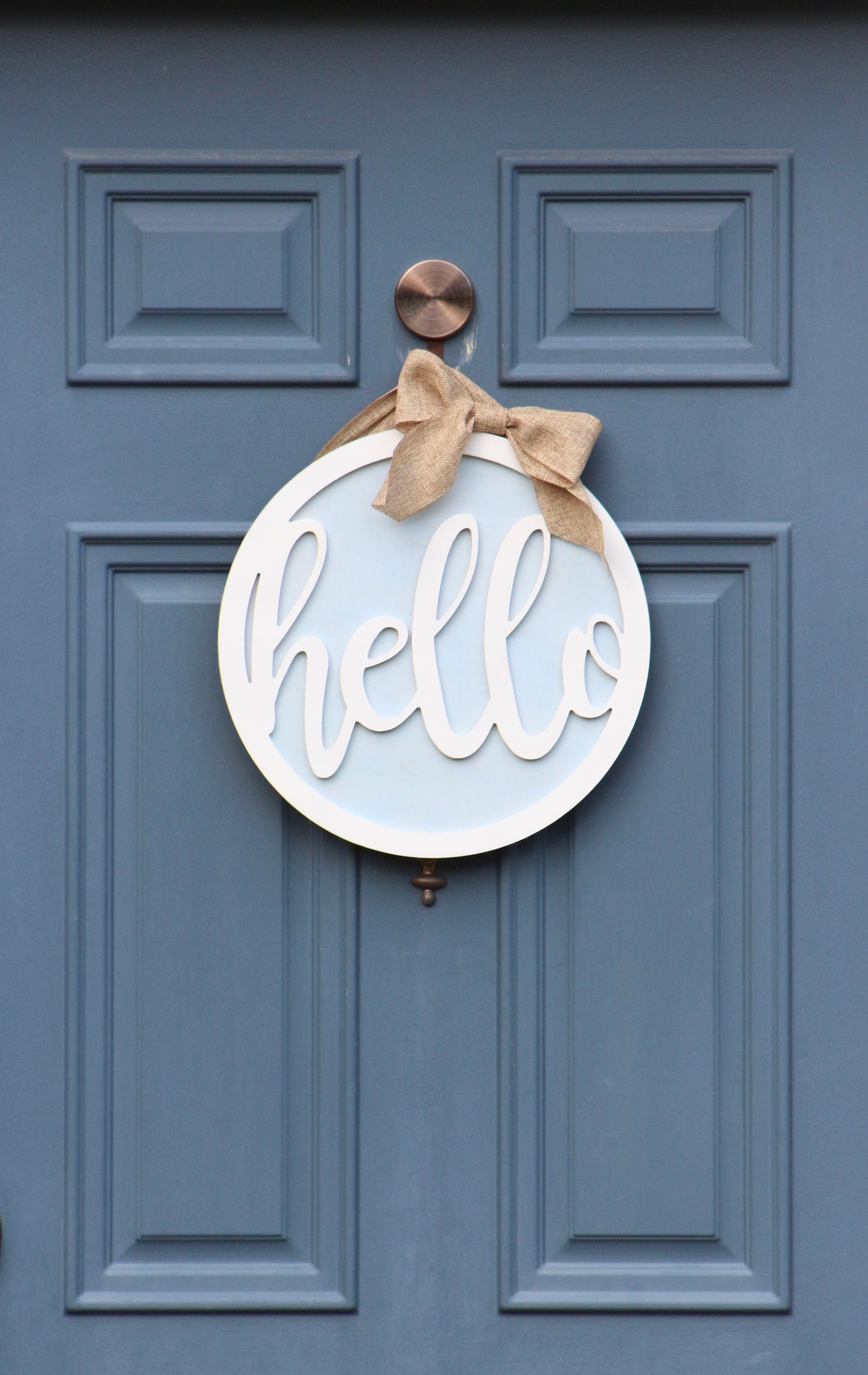 Modern Farmhouse Hello Sign Blue & White Wood Door Sign | Etsy