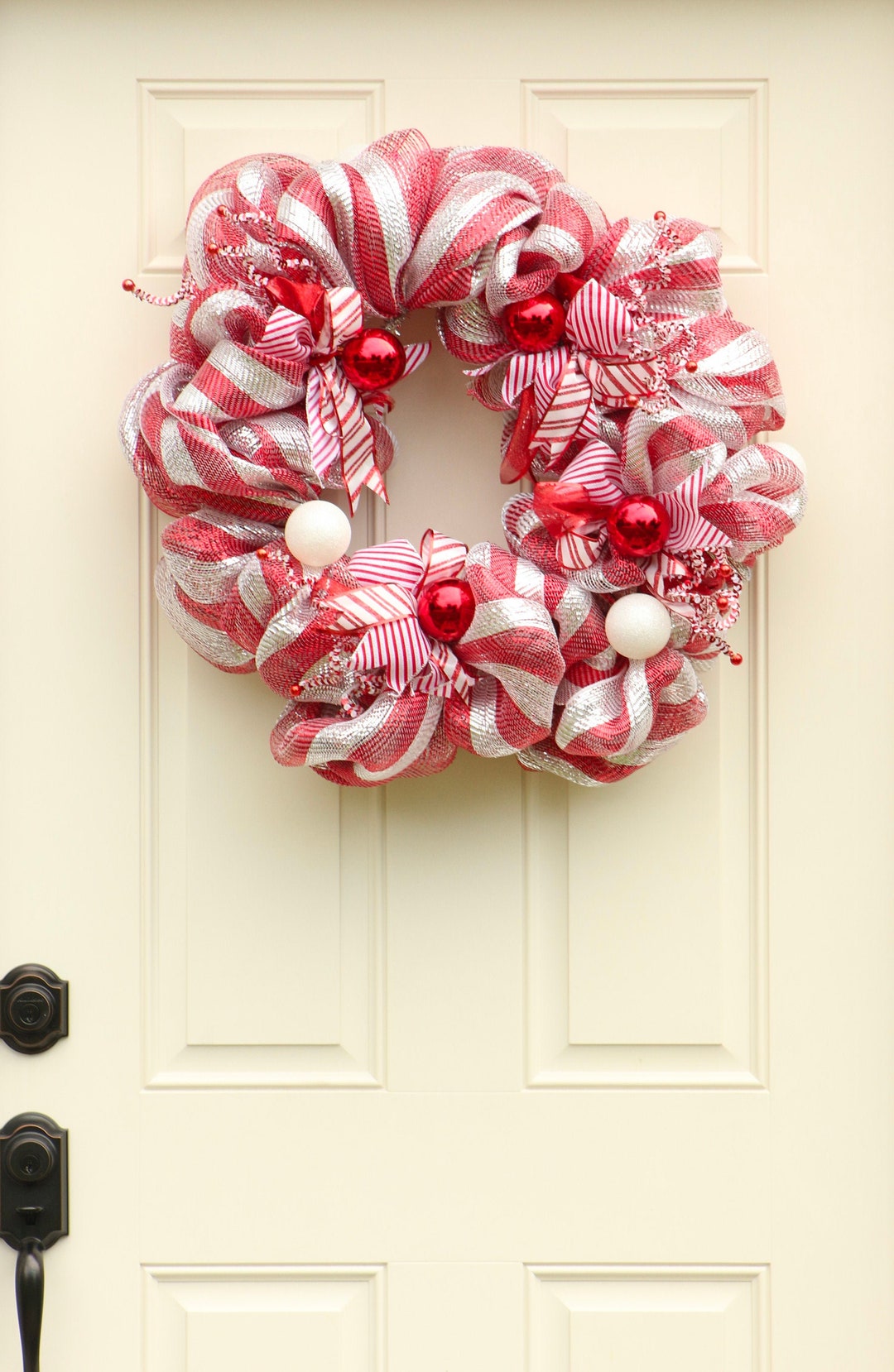 Peppermint Candy Holiday Wreath , Red White Silver Striped Candy Cane ...