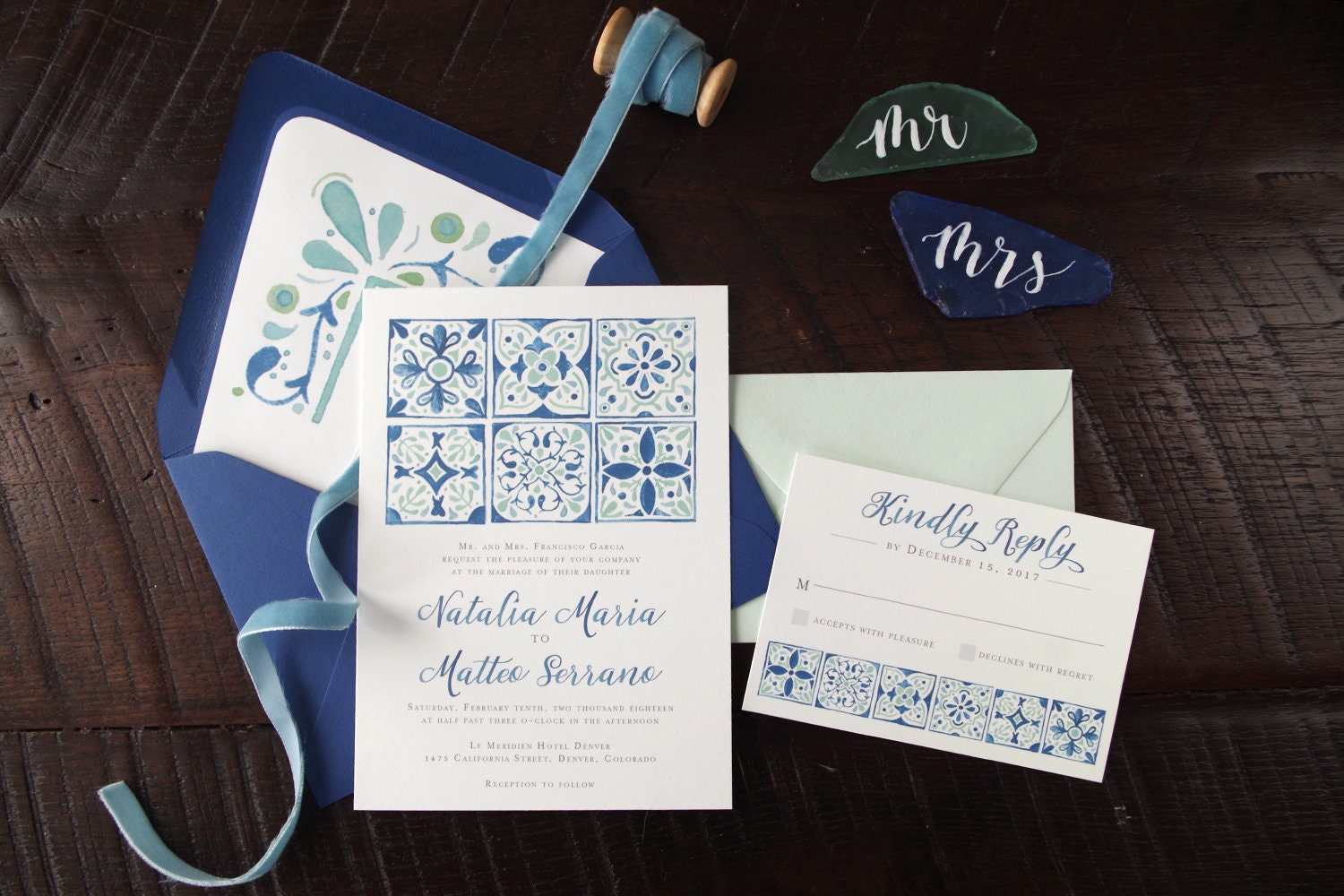 Natalia Painted Spanish Tiles Wedding Invitation Suite Sea Glass Print ...