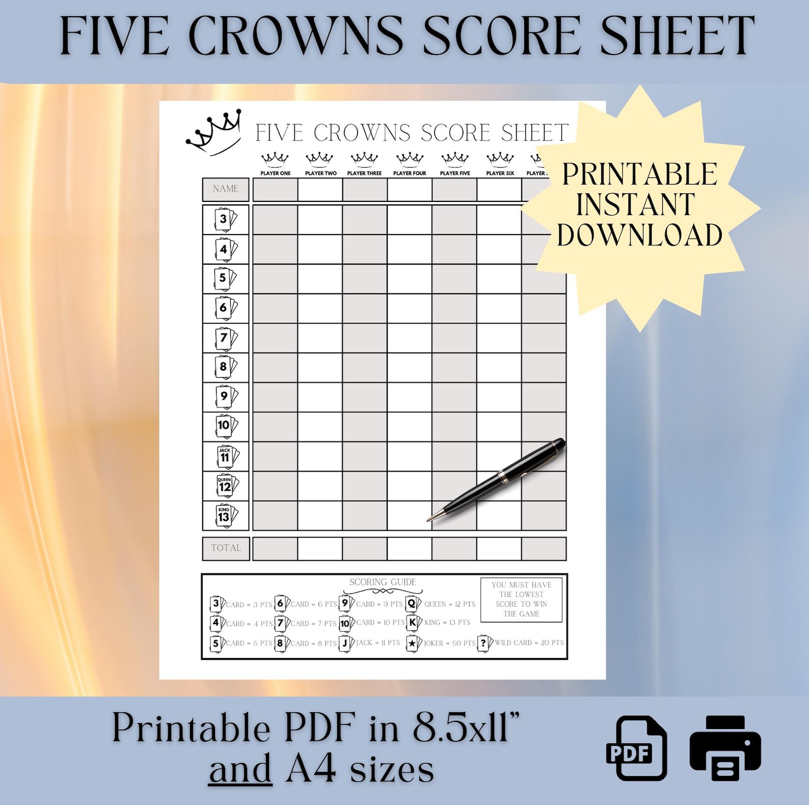 Five Crowns Score Sheet, Printable Score Sheet, Instant Download ...