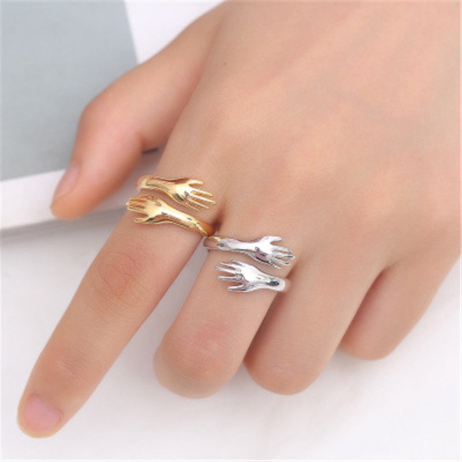 Silver Gold Love Hugging Hand Ring - Etsy