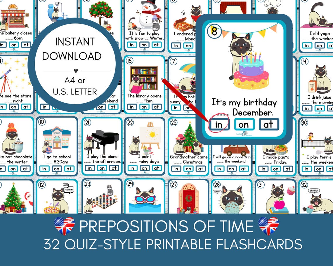 Prepositions of Time Printable Flashcards for Kids, ESL Grammar Quiz ...