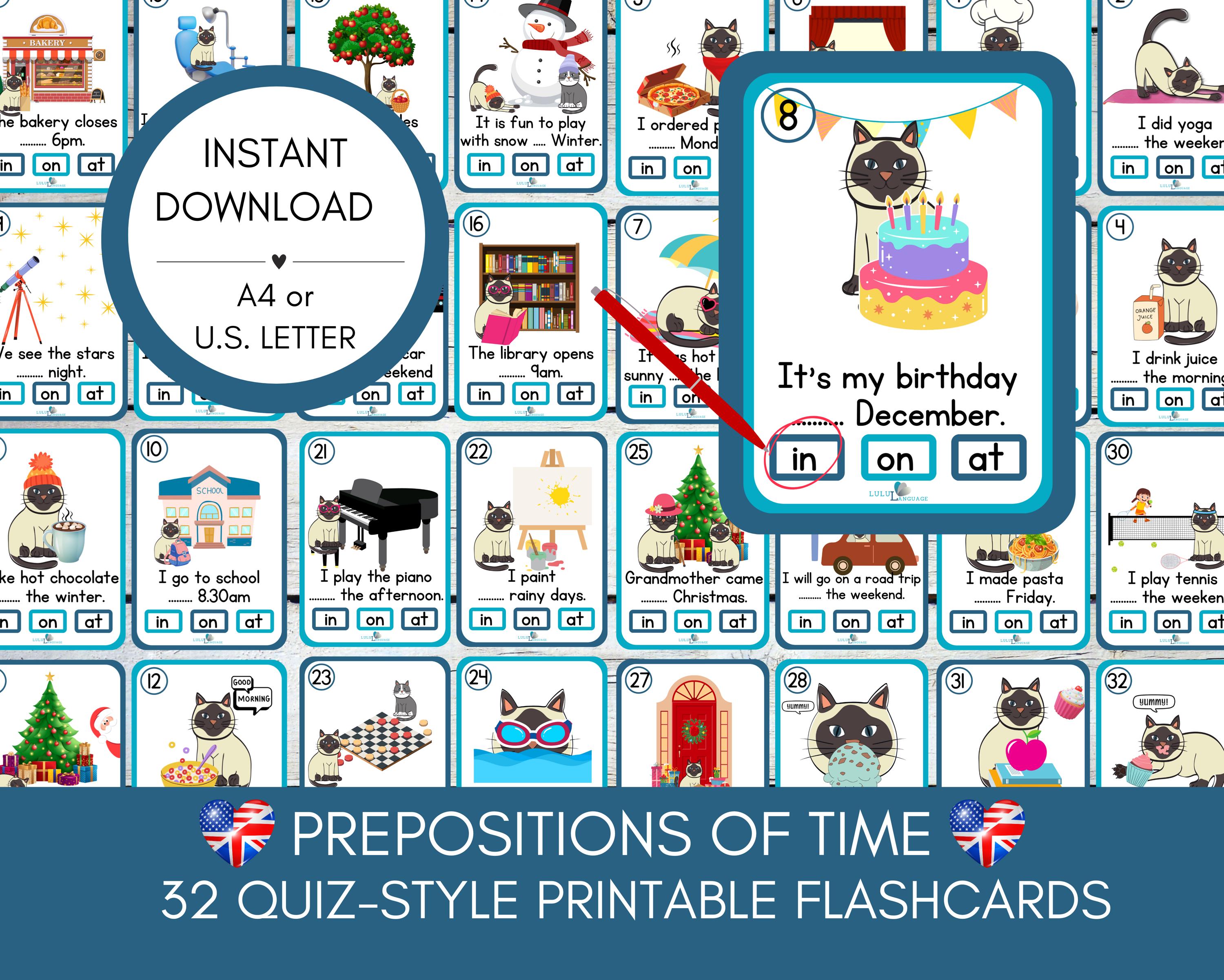 Prepositions of Time Printable Flashcards for Kids, ESL Grammar Quiz ...