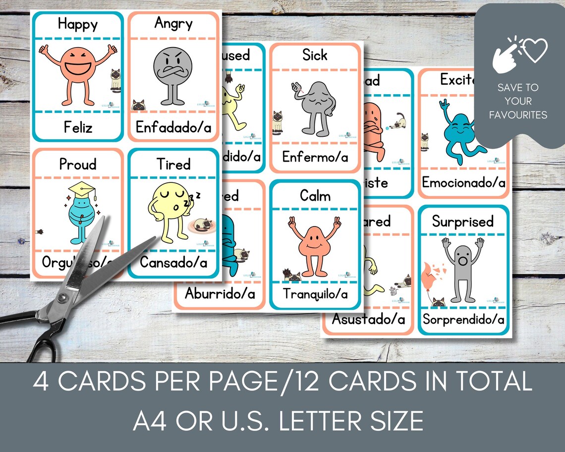 Feelings and Emotions Flashcards for Kids, English and Spanish ...