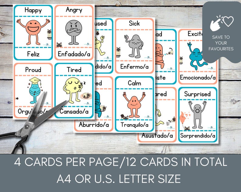 Feelings and Emotions Flashcards for Kids, English and Spanish ...