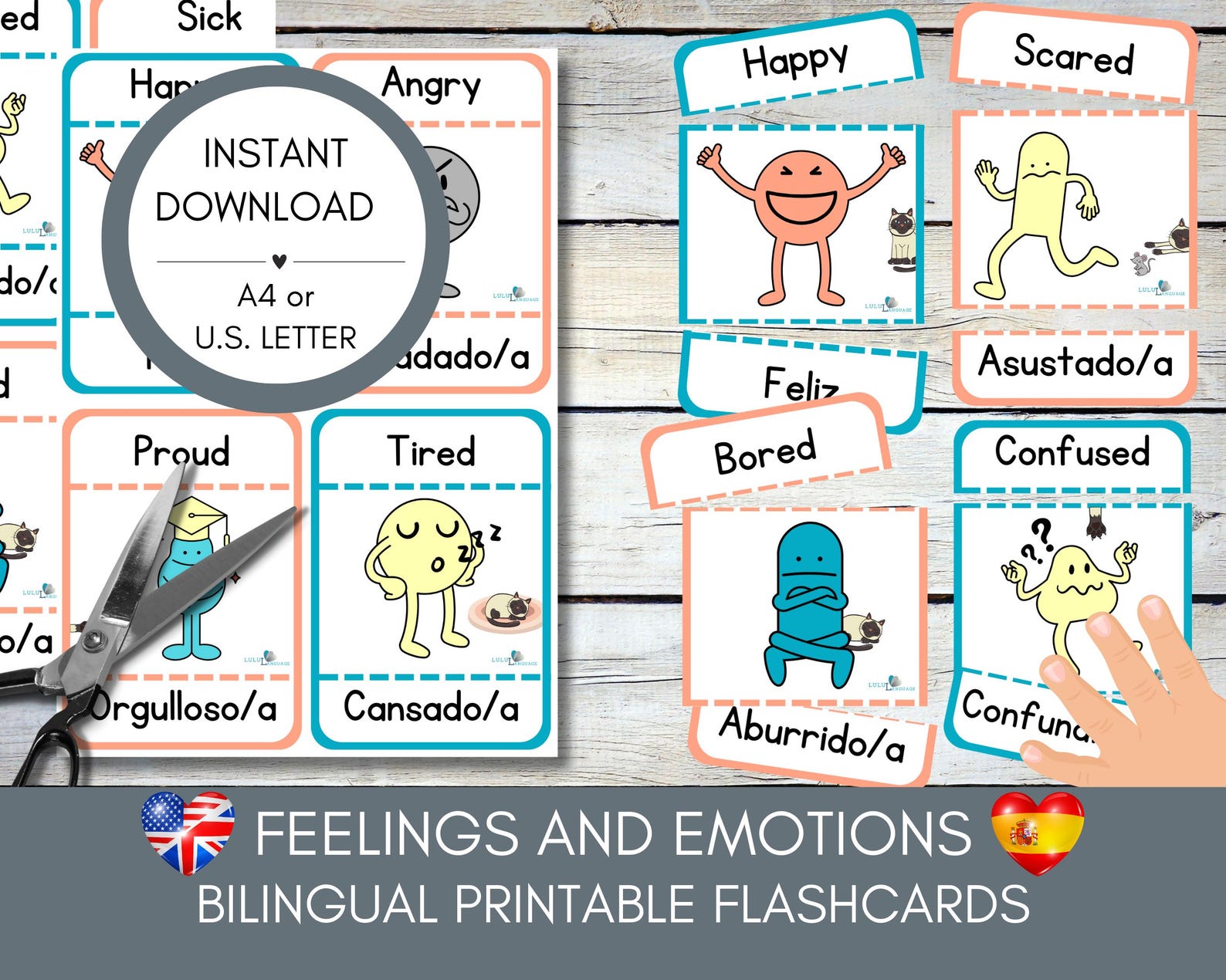 Feelings and Emotions Flashcards for Kids, English and Spanish ...