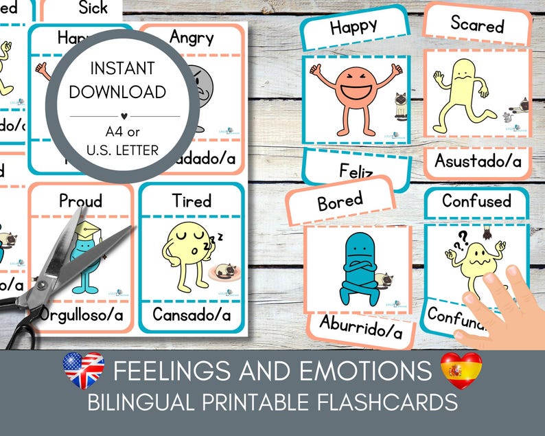 Feelings and Emotions Flashcards for Kids, English and Spanish ...