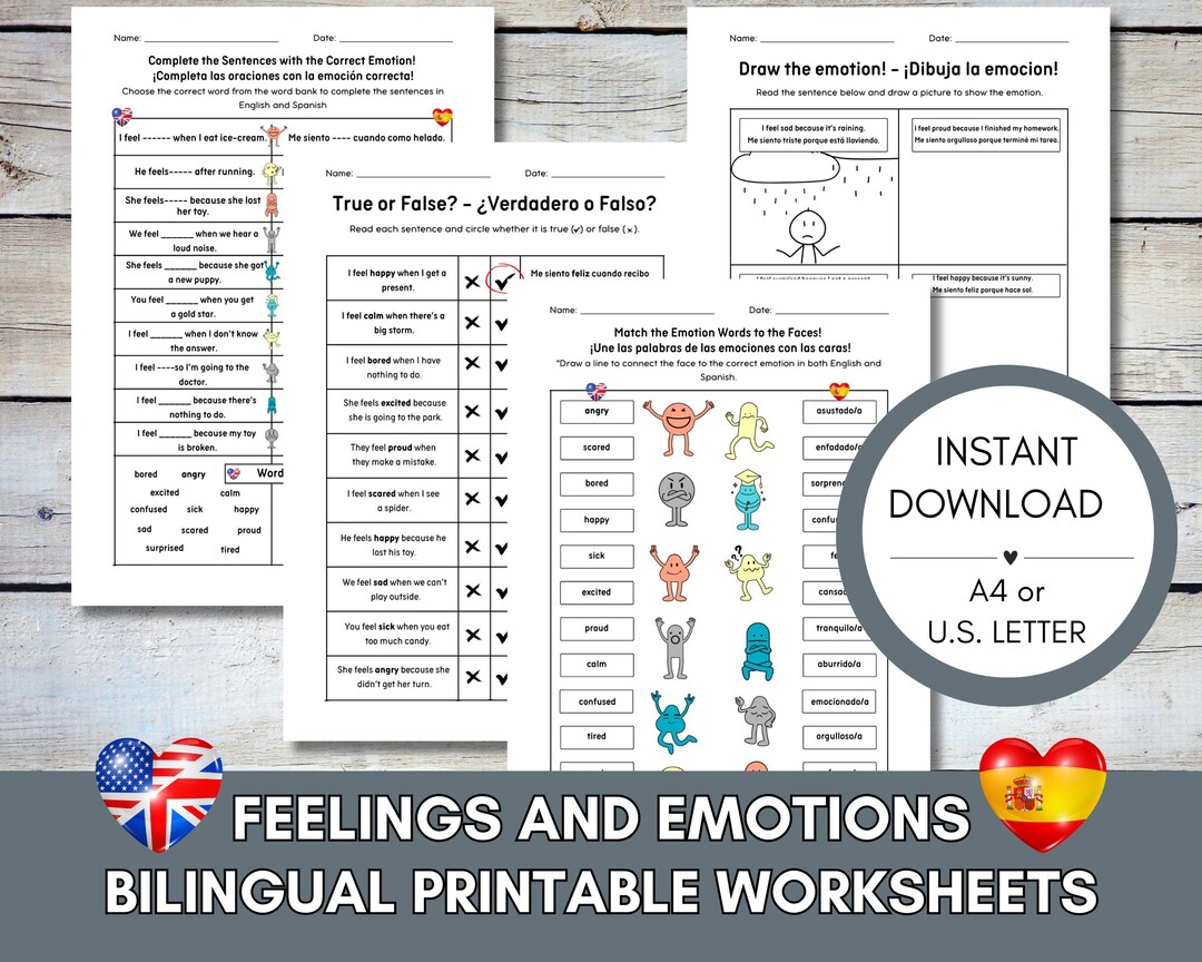 Bilingual Feelings and Emotions Worksheets for Kids in Spanish and ...