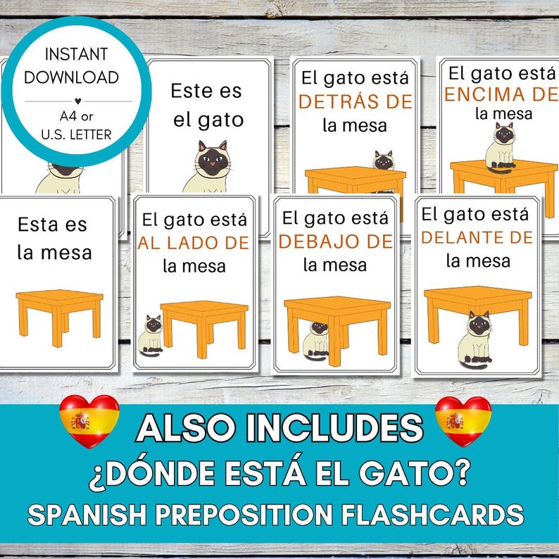 English + Spanish Preposition Flashcards | Bilingual Printable Cards ...