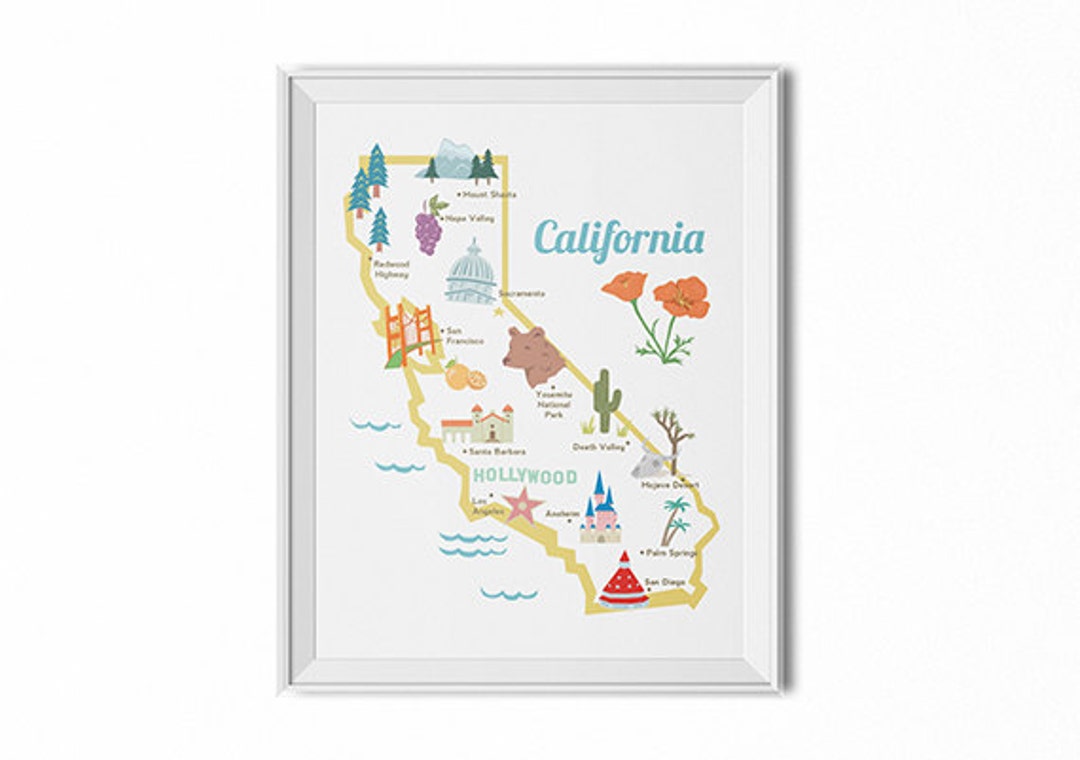 State Map Poster, California State Print, Retro Map Illustration ...