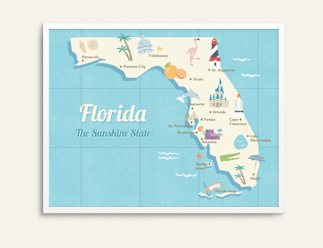 State Map Poster, Florida State Print, Retro Map Illustration, Vintage ...