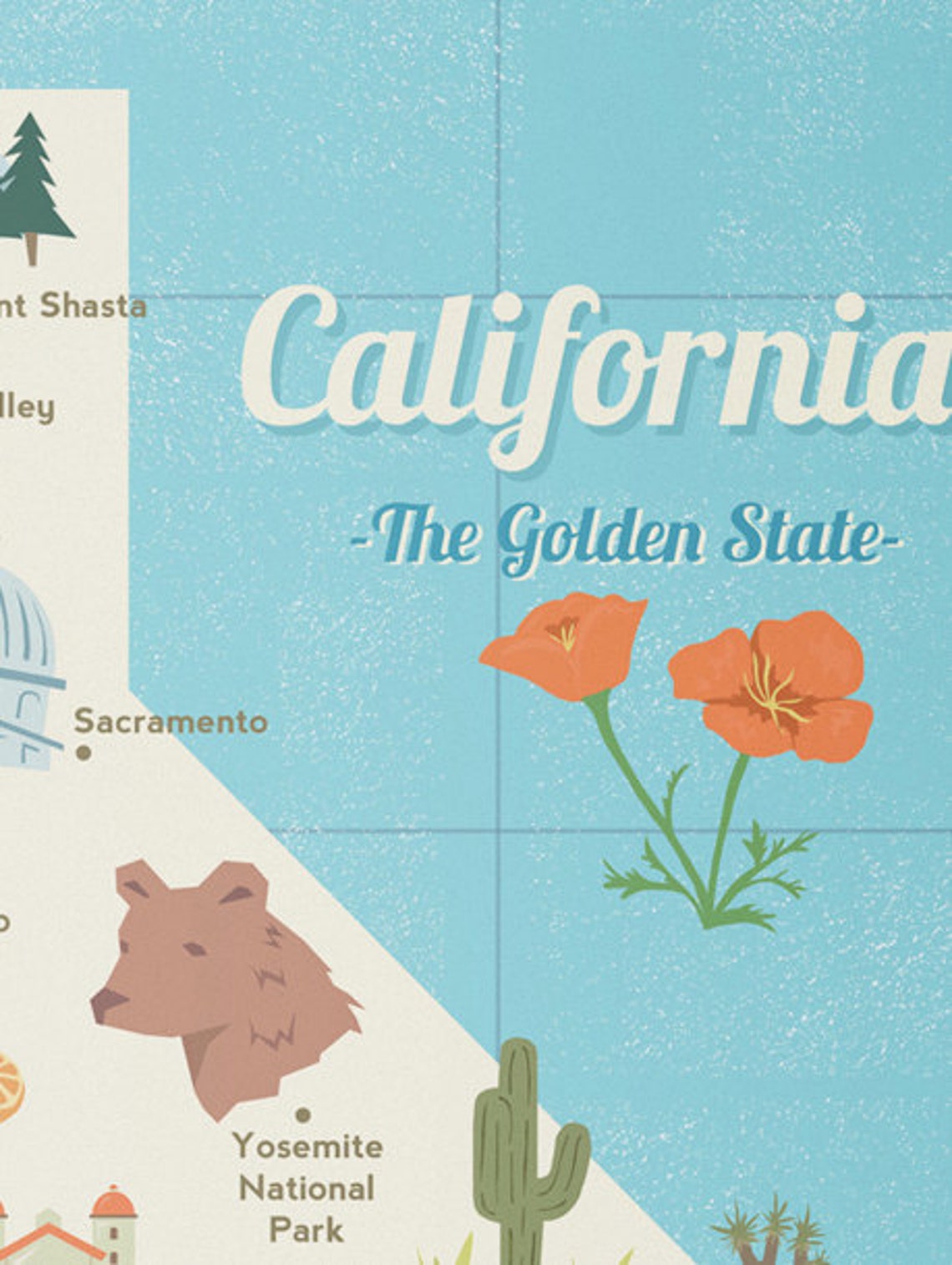State Map Poster California State Print Retro Map - Etsy