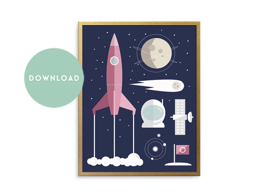 Girl's space printable rocket wall art space themed | Etsy