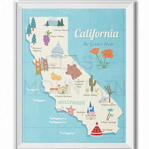 State Map Poster, California State Print, Retro Map Illustration ...
