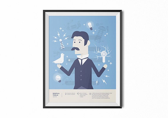 Nikola Tesla Portrait Infographic Print Science Wall Art | Etsy