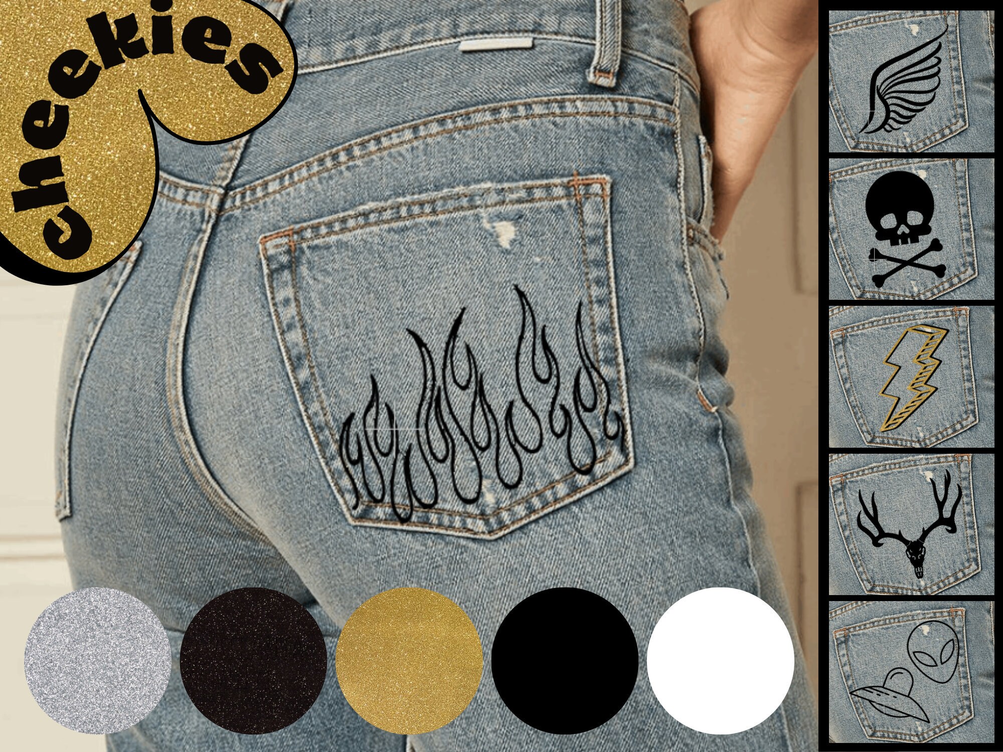 CHEEKIES Iron on Pocket Transfers Custom Decals for Jeans Pants Skirts ...
