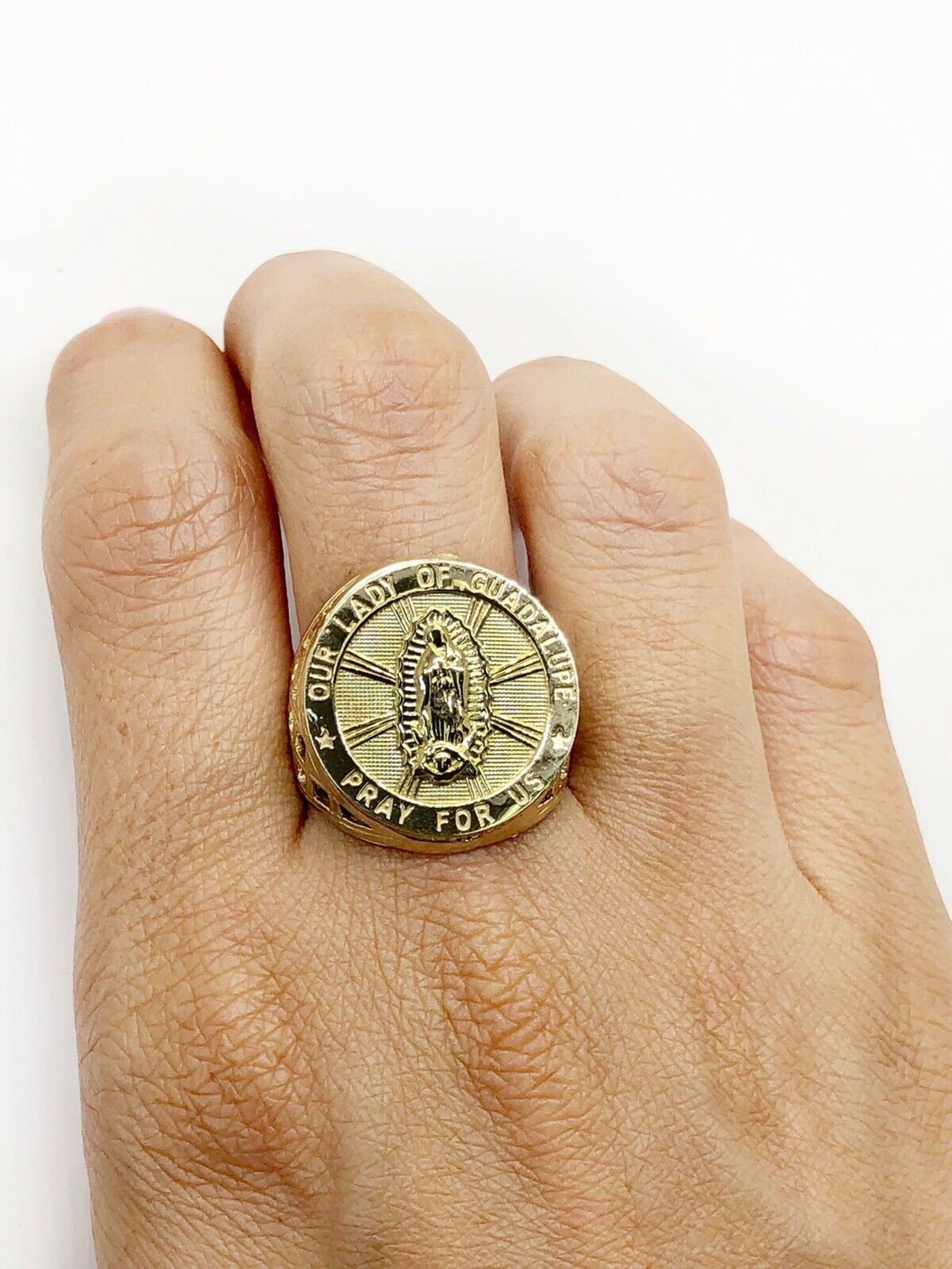 Mens Ring 10K Solid Yellow Gold Virgin Mary Our Lady of | Etsy
