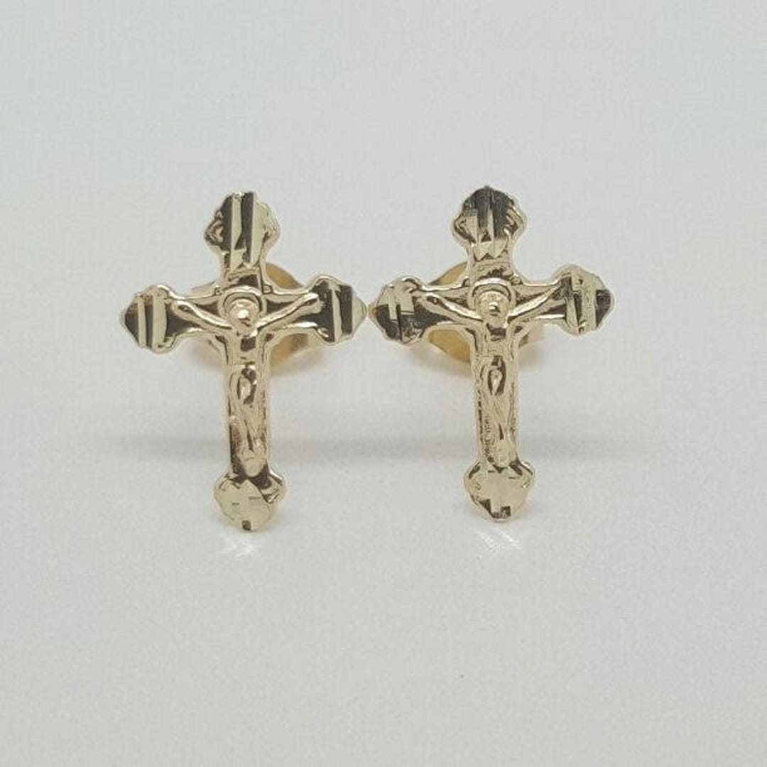 14k Solid Yellow Gold Jesus Christ Cross Crucifix Stud Earrings Push ...