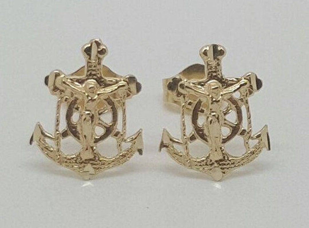 14k Yellow Gold Christ/mariners Anchor Cross Stud Earrings Push Back ...
