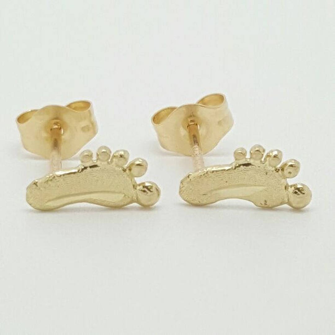 14k Solid Yellow Gold Baby Feet Lucky Stud Earrings Push Back 8MM - Etsy