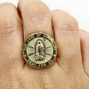 Mens Ring 10K Solid Yellow Gold Virgin Mary Our Lady of Guadalupe Pray ...