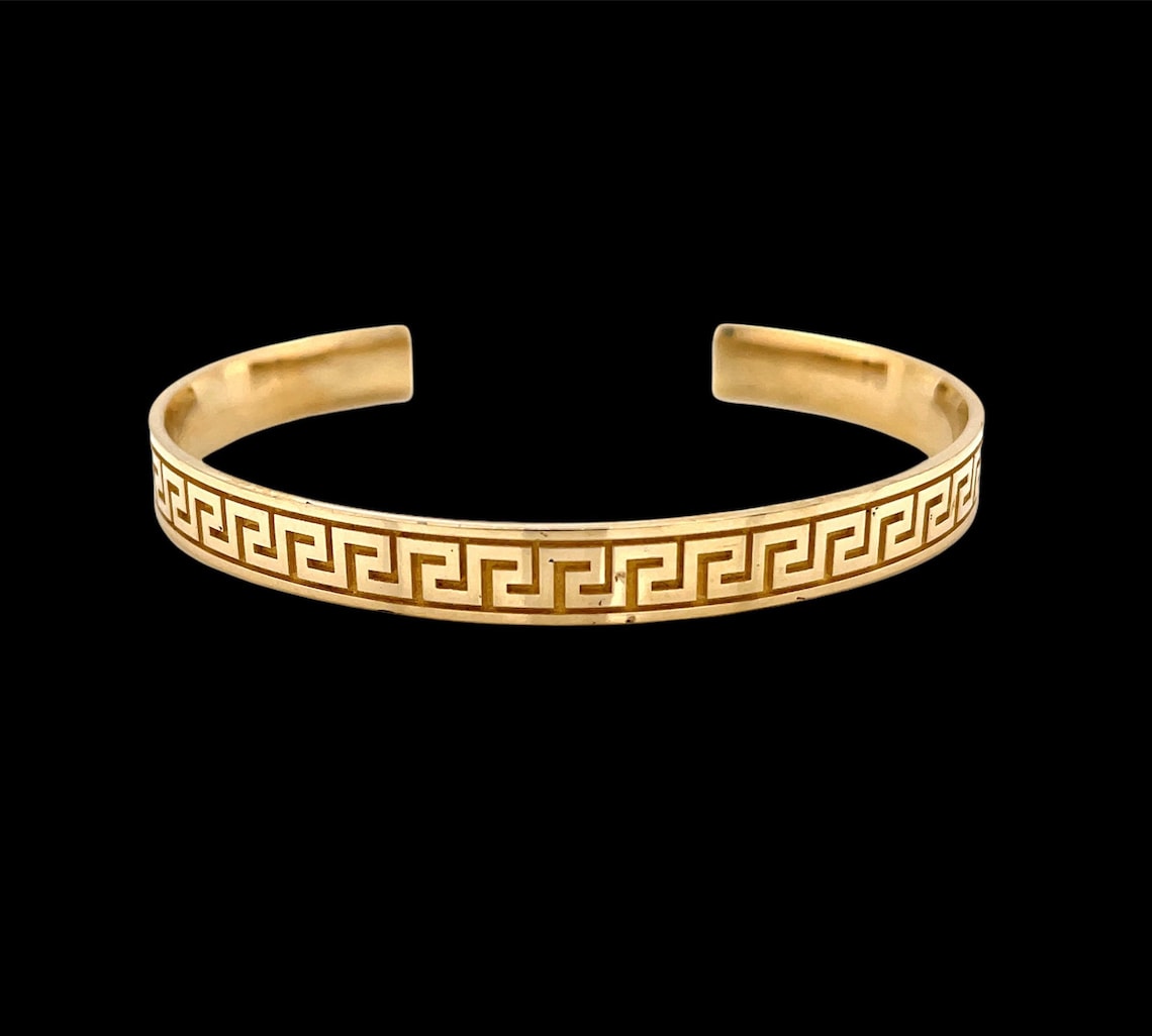 Mens 14K Solid Yellow Gold Greek Key Cuff Bangle Bracelet 21.5 - Etsy