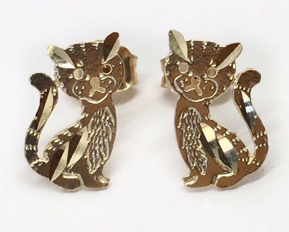14k Solid Yellow Gold Cat Kitty Stud Earrings | Etsy