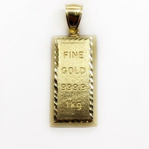 10K Solid Yellow Gold Brick Bar Fine Gold Bar Pendant 1.29" 3.8 Grams ...