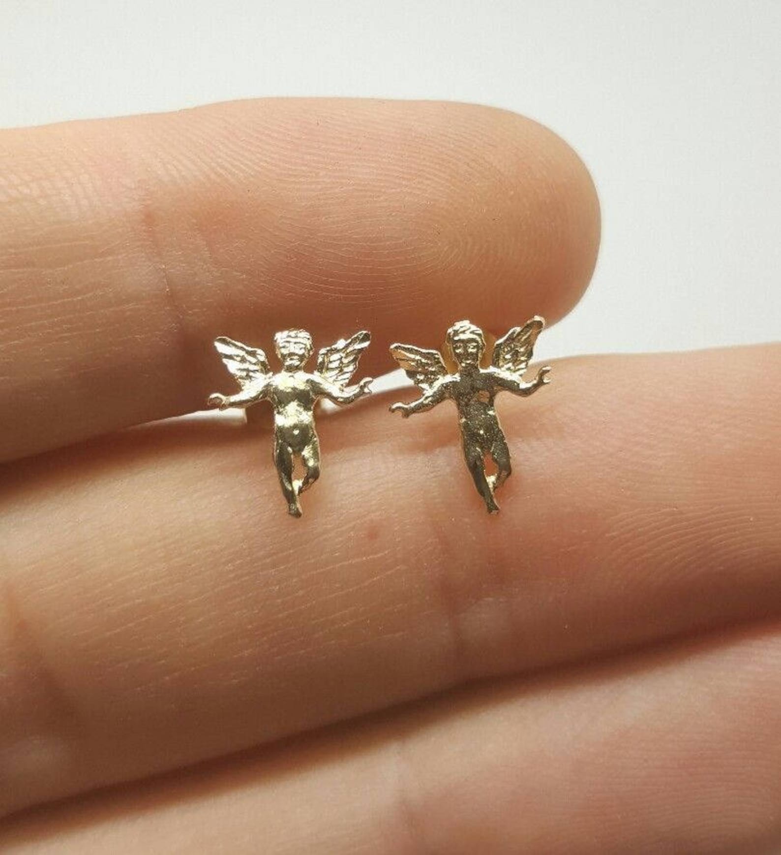 14k Solid Yellow Gold Angel Stud Earrings Push Back - Etsy