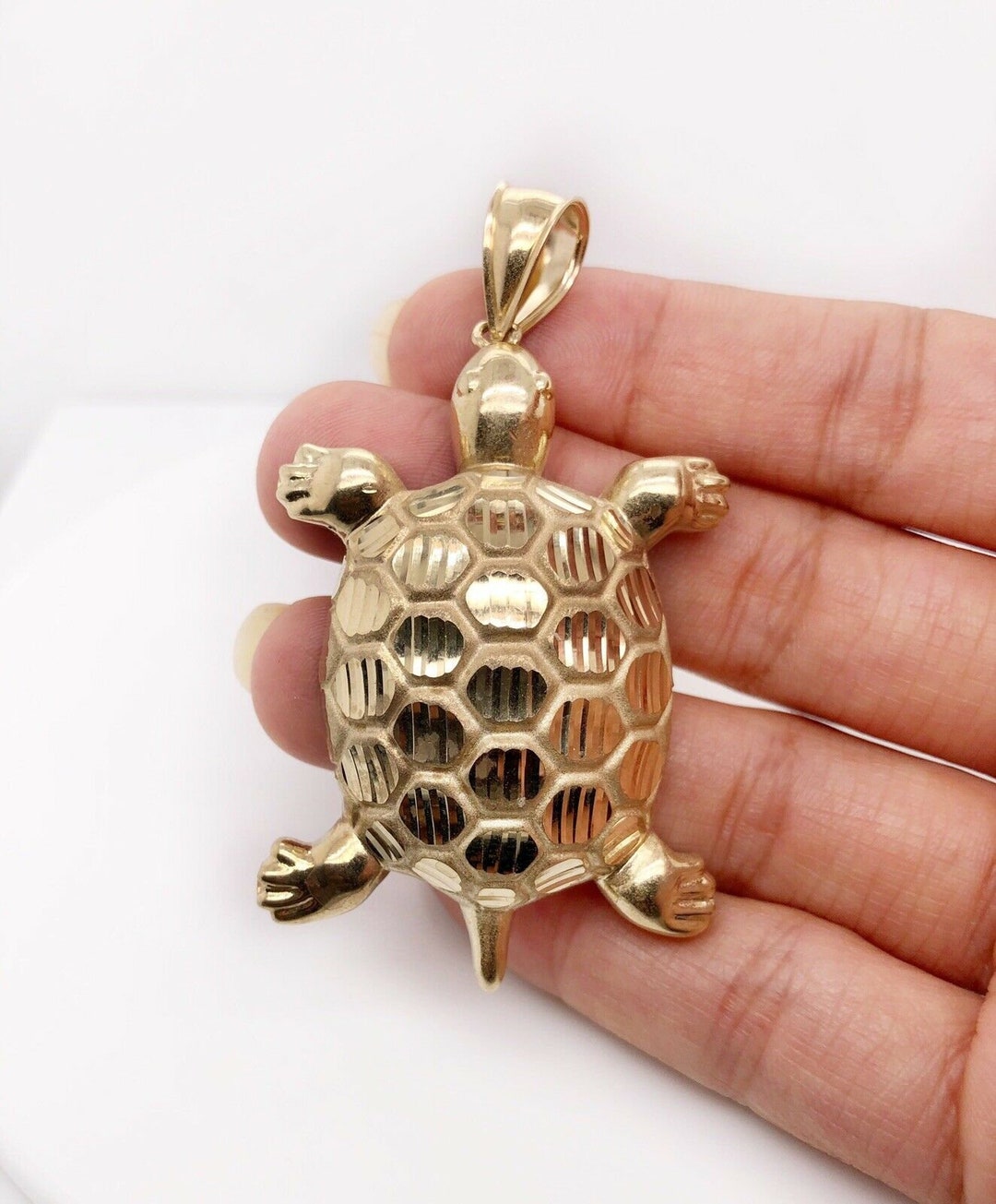 Mens 10K Solid Yellow Gold Diamond Cut Turtle Tortoise 2.7 Large ...