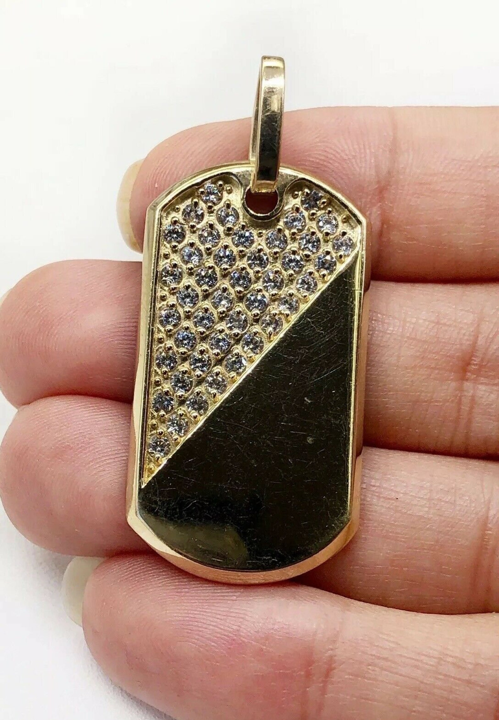 Men's 10K Solid Yellow Gold CZ Custom Dog Tag Charm | Etsy