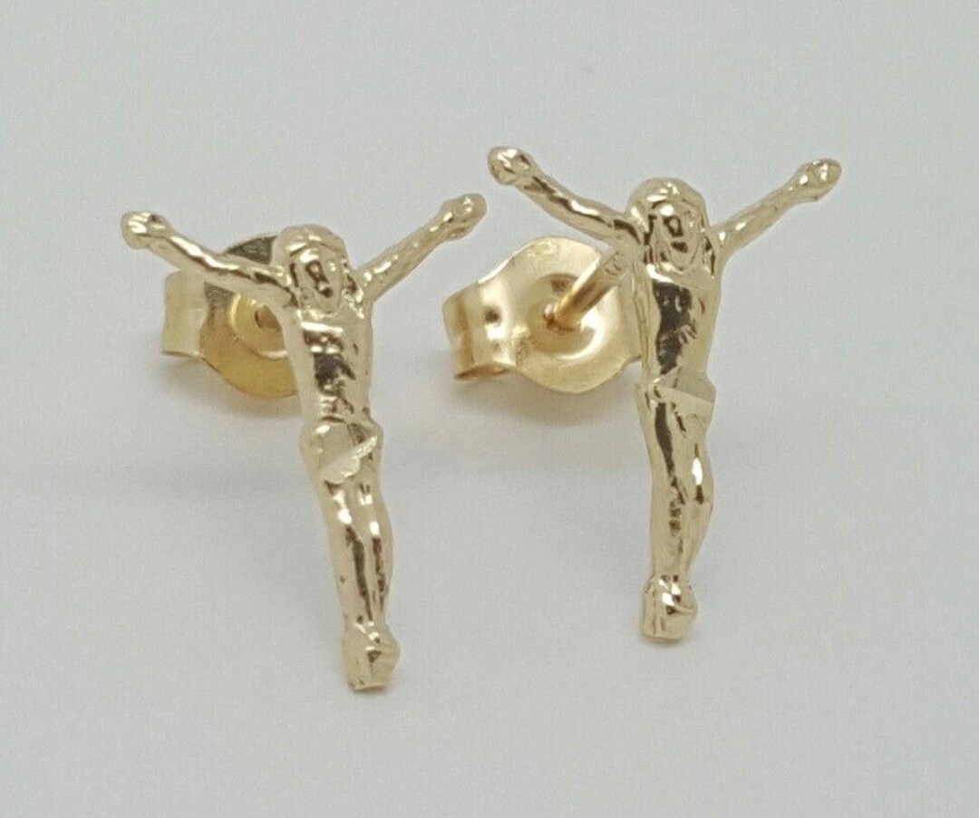 14k Solid Yellow Gold Jesus Christ Cross Stud Earrings Push Back - Etsy