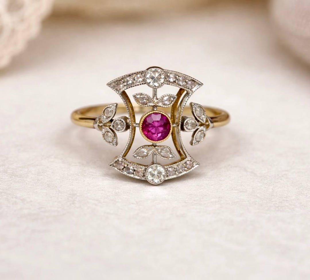 Victorian Ruby Diamond Ring, 18K Gold Platinum, French Hallmarked Circa ...