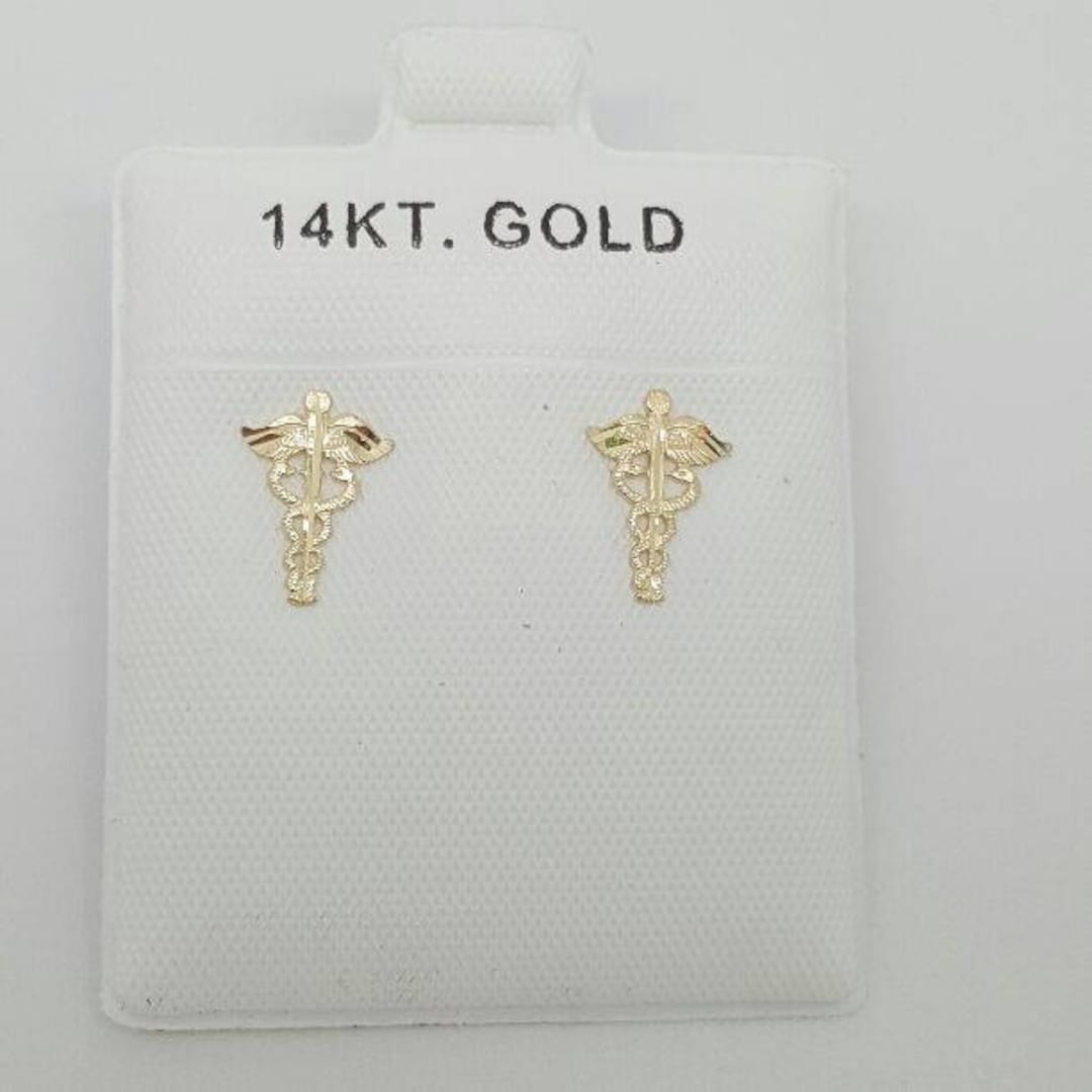 14k Solid Yellow Gold Caduceus Symbol of Medicine Stud Earrings Push ...