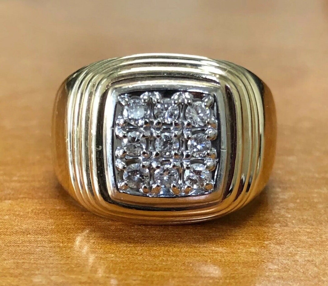 Mens 14K Solid Yellow Gold 0.20 Ct Natural Round Diamond Signet Ring ...