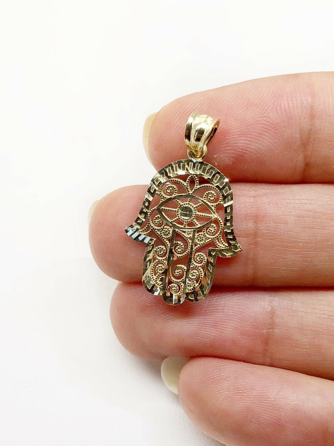 10K Yellow Gold Khamsa Hamsa Hand Lucky Jewish Filigree - Etsy