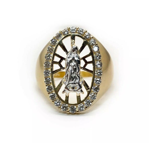 14k Solid Yellow Gold Mens Ring Virgin Mary Guadalupe CZ 5.6 | Etsy
